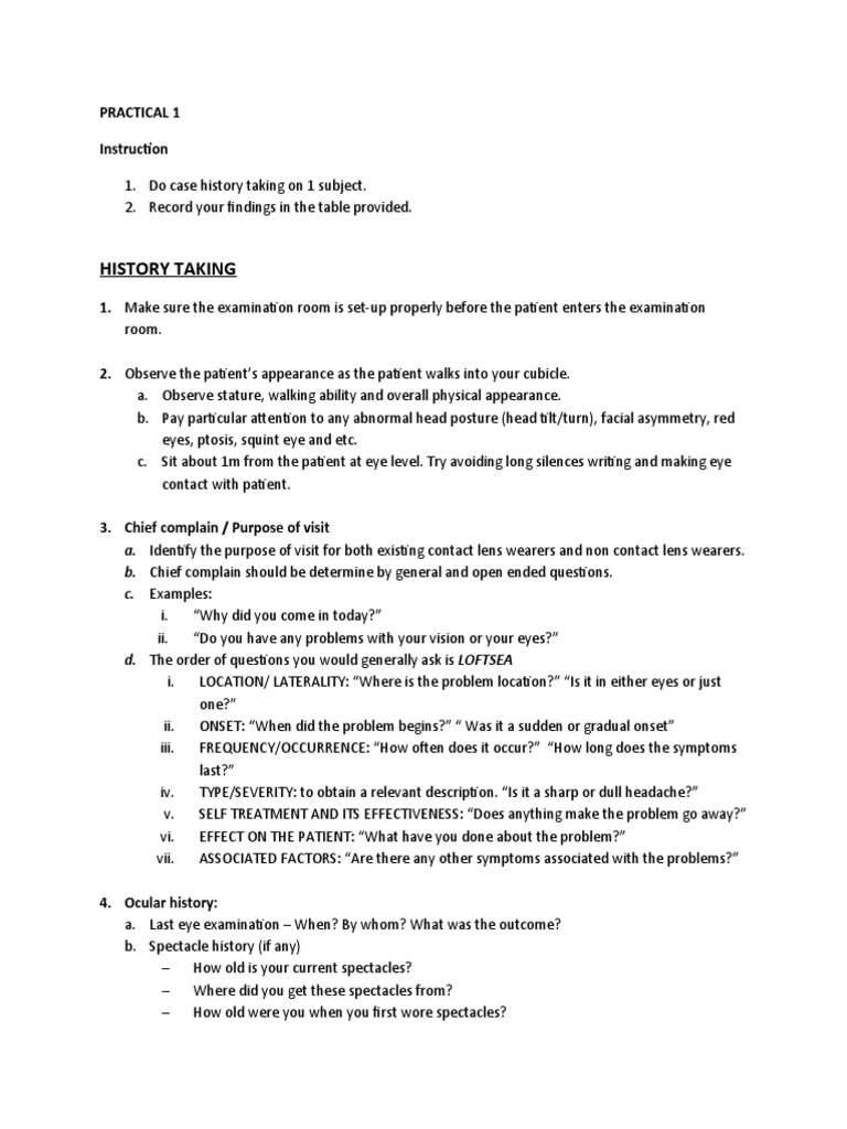 History Taking: Practical 1 Instruction | PDF | Contact Lens | Human Eye