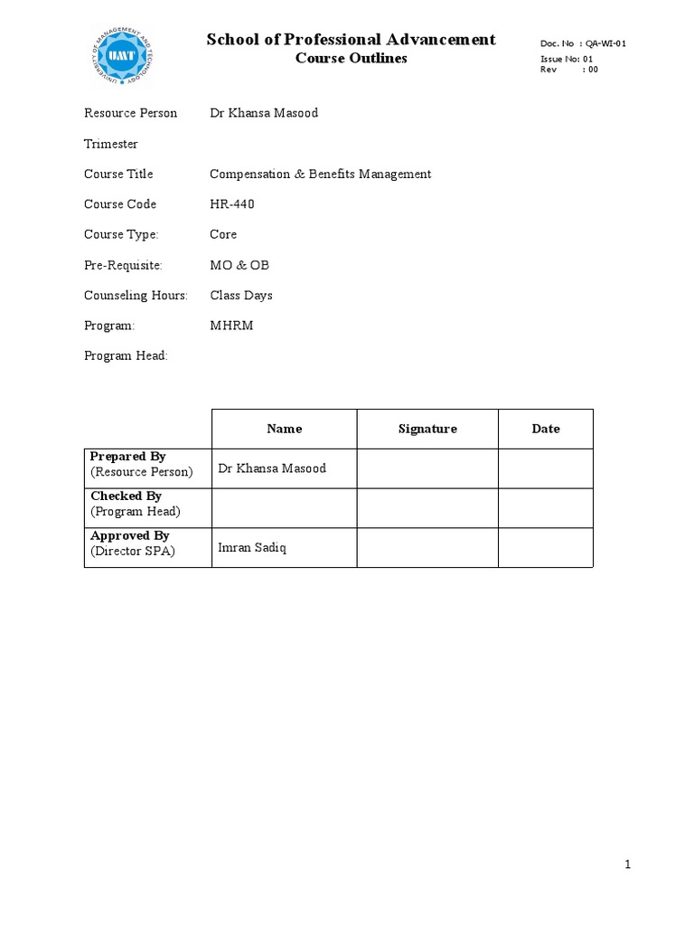 Compensation and Benefits Course Outline | PDF | Compensation And ...