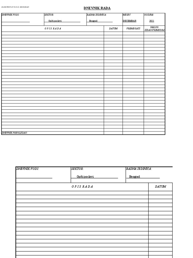 Obrazac Dnevnika Rada | PDF