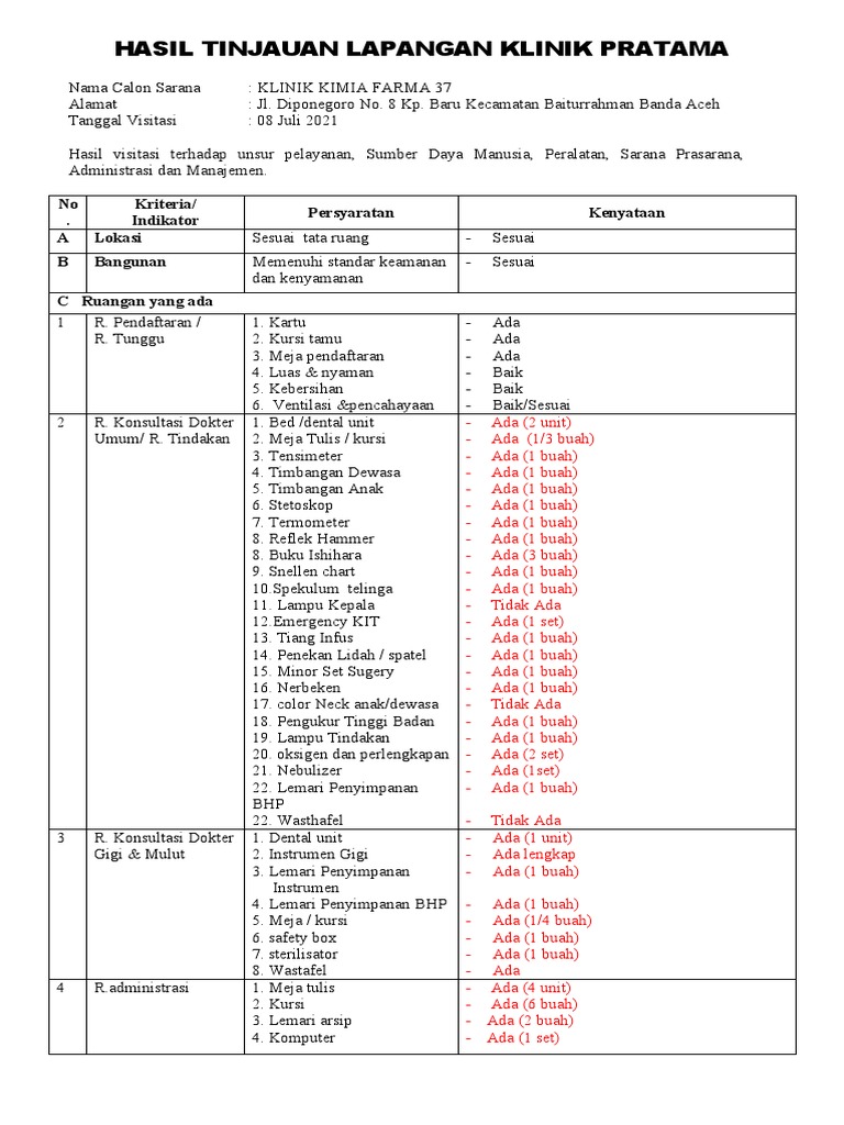 Contoh Form Visitasi Klinik | PDF