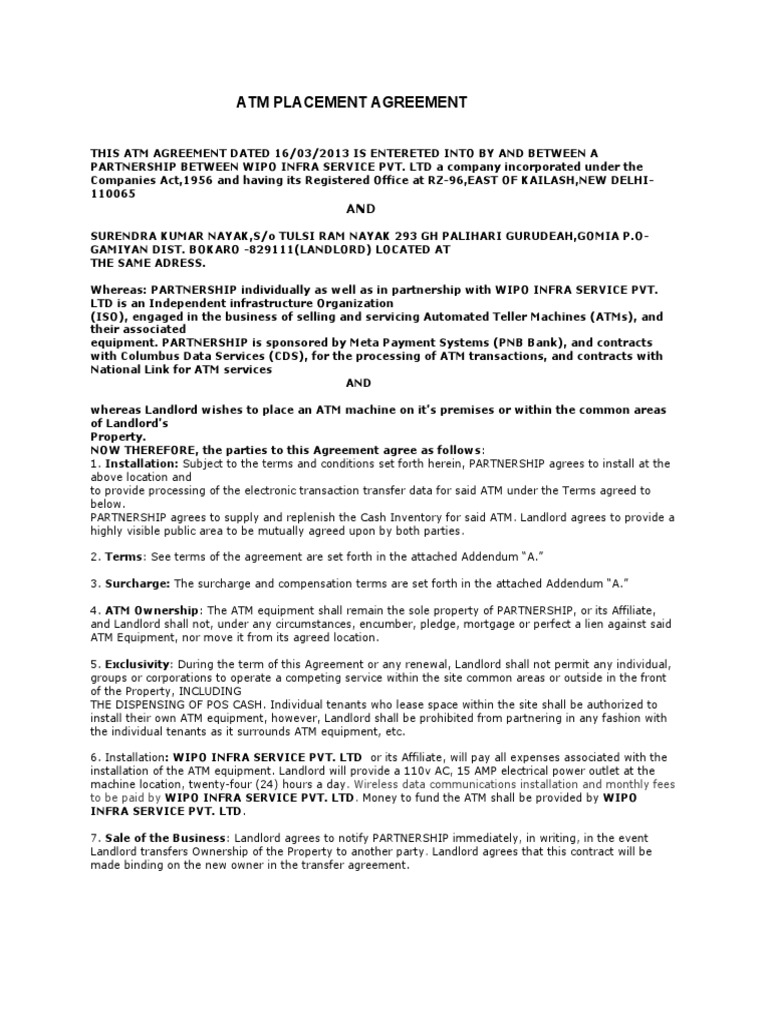 Atm Placement Agreement: Rvi I R Tap), T N | PDF | Automated Teller ...