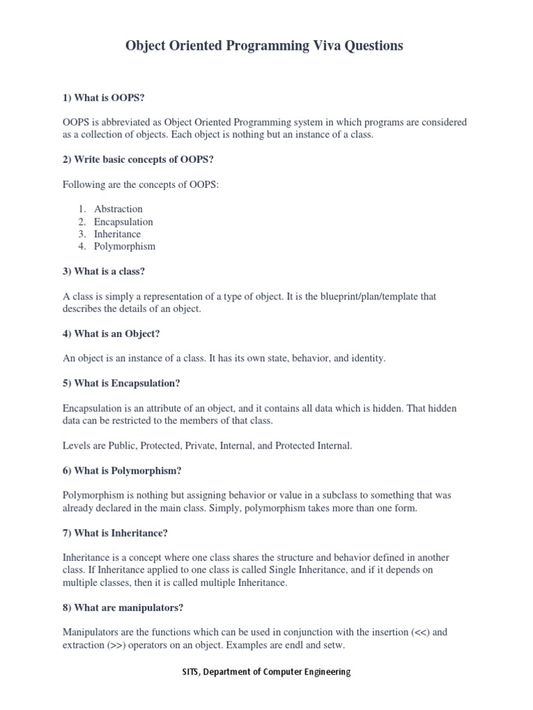 Object Oriented Programming Viva Questions 1 What Is Oops Pdf Method Computer 
