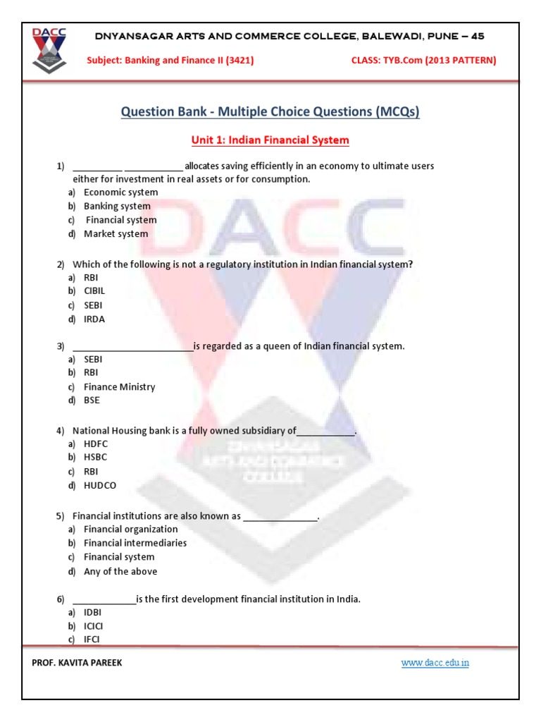 Question Bank - Multiple Choice Questions (MCQS) : Unit 1: Indian ...