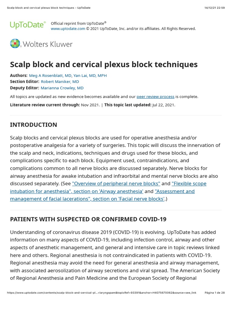 Scalp Block and Cervical Plexus Block Techniques - UpToDate | PDF ...