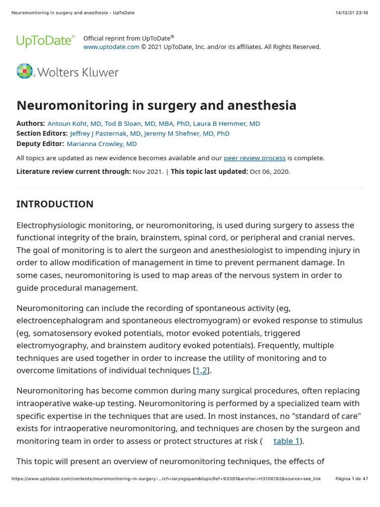 Neuromonitoring in Surgery and Anesthesia - UpToDate | PDF ...