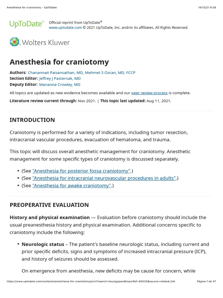 Anesthesia For Craniotomy - UpToDate | PDF | Anesthesia | Nitrous Oxide
