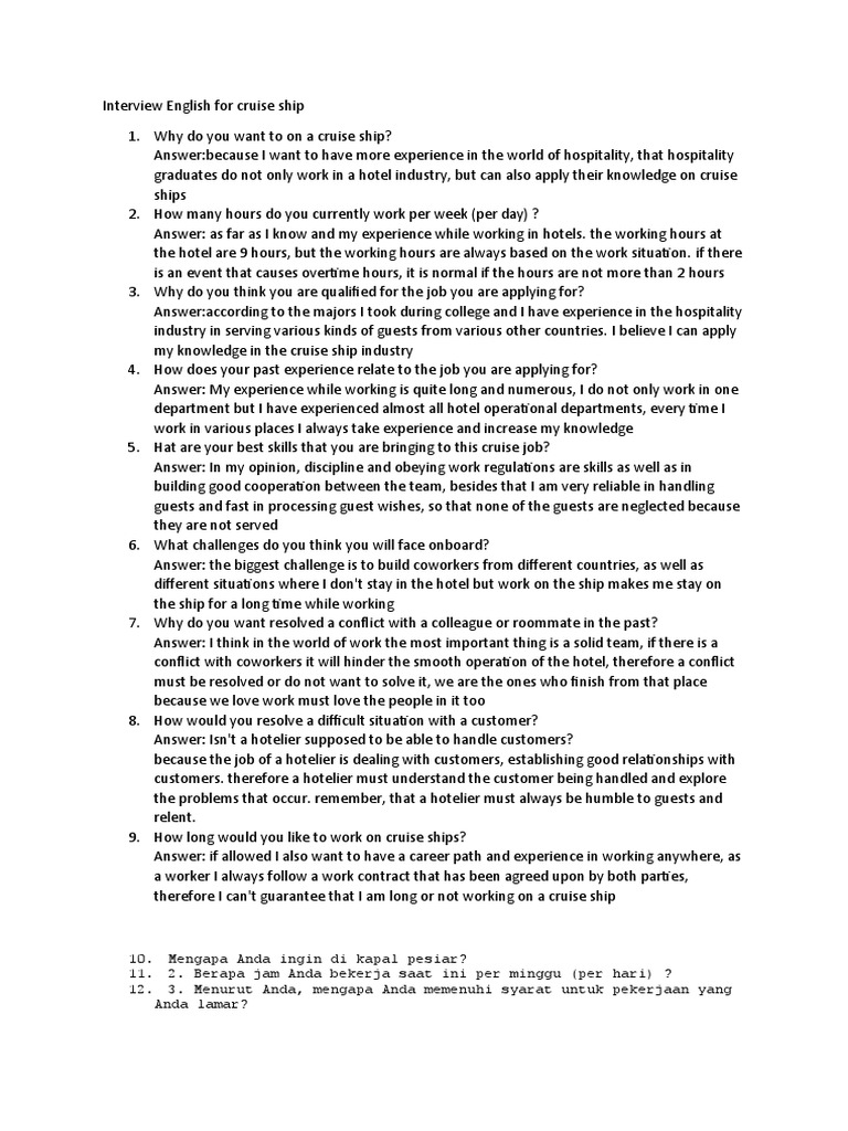 Cruise Ship Interview Preparation Guide | PDF | Working Time | Experience