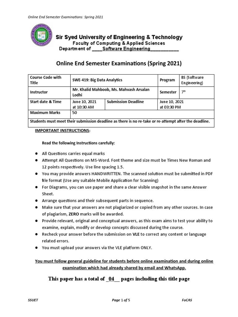 SWE-419 Big Data Analytics End Semester Exam Spring 2021 Final Paper ...