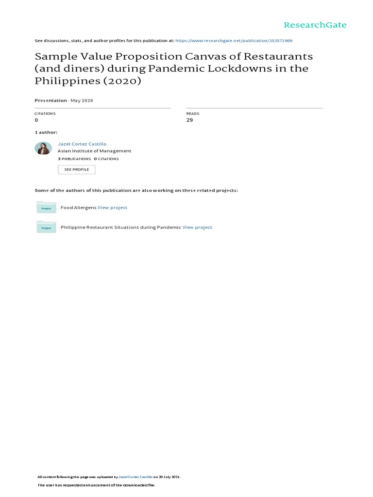 Sample Value Proposition Canvas of Restaurants (And Diners) During ...