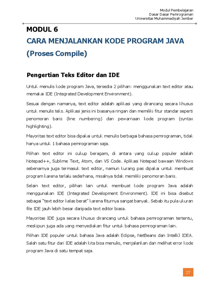 CARA MENJALANKAN KODE PROGRAM JAVA (Proses Compile) | PDF