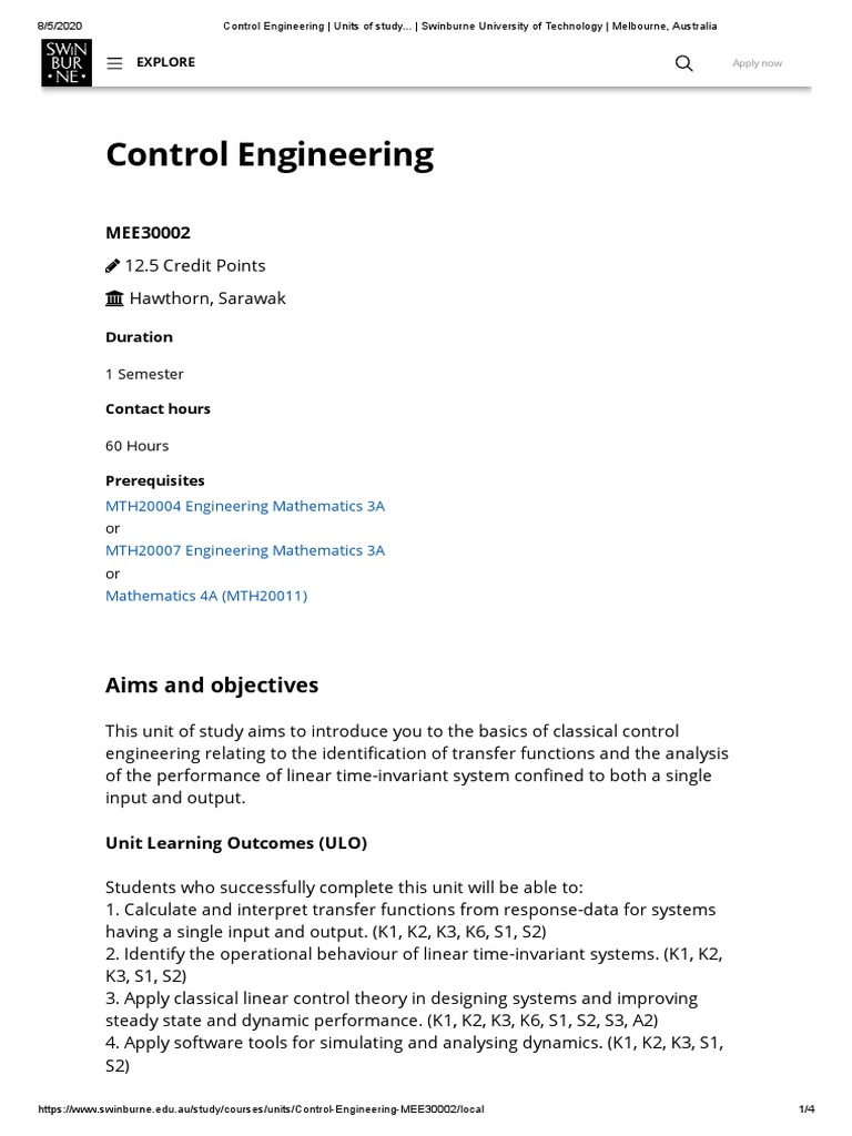 Control Engineering - Units of Study... - Swinburne University of ...
