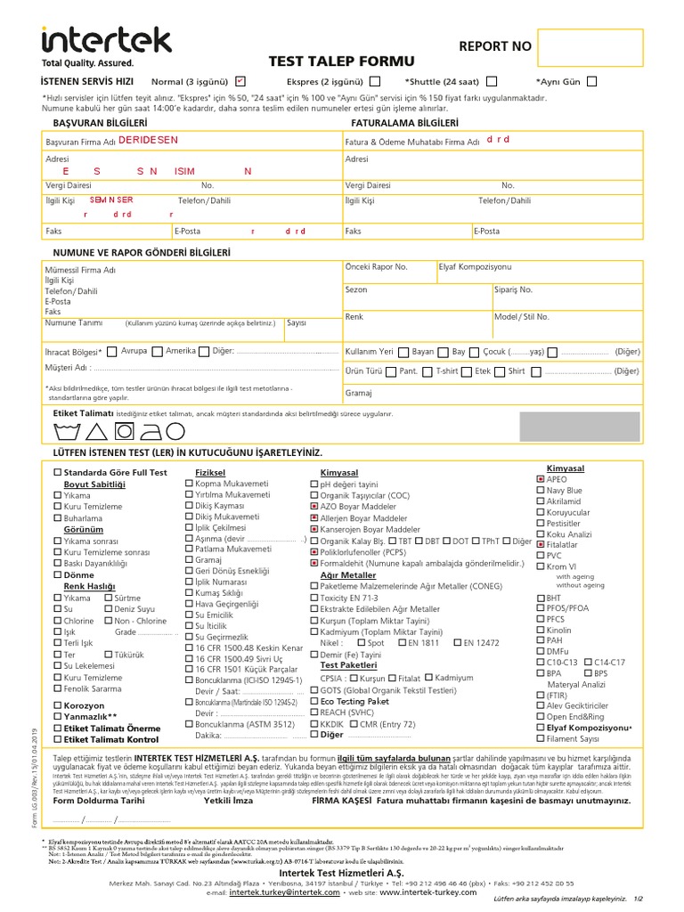 LG.003 Doldurulabilir Intertek Test Talep Formu TR Rev.15 | PDF