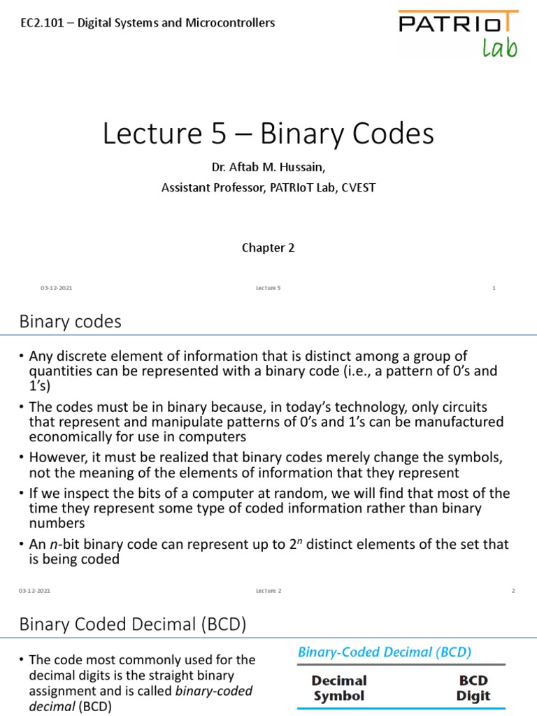 Lecture 5 Binary Codes Ec2101 Digital Systems And
