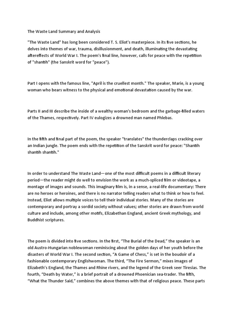 The Waste Land Summary and Analysis | PDF