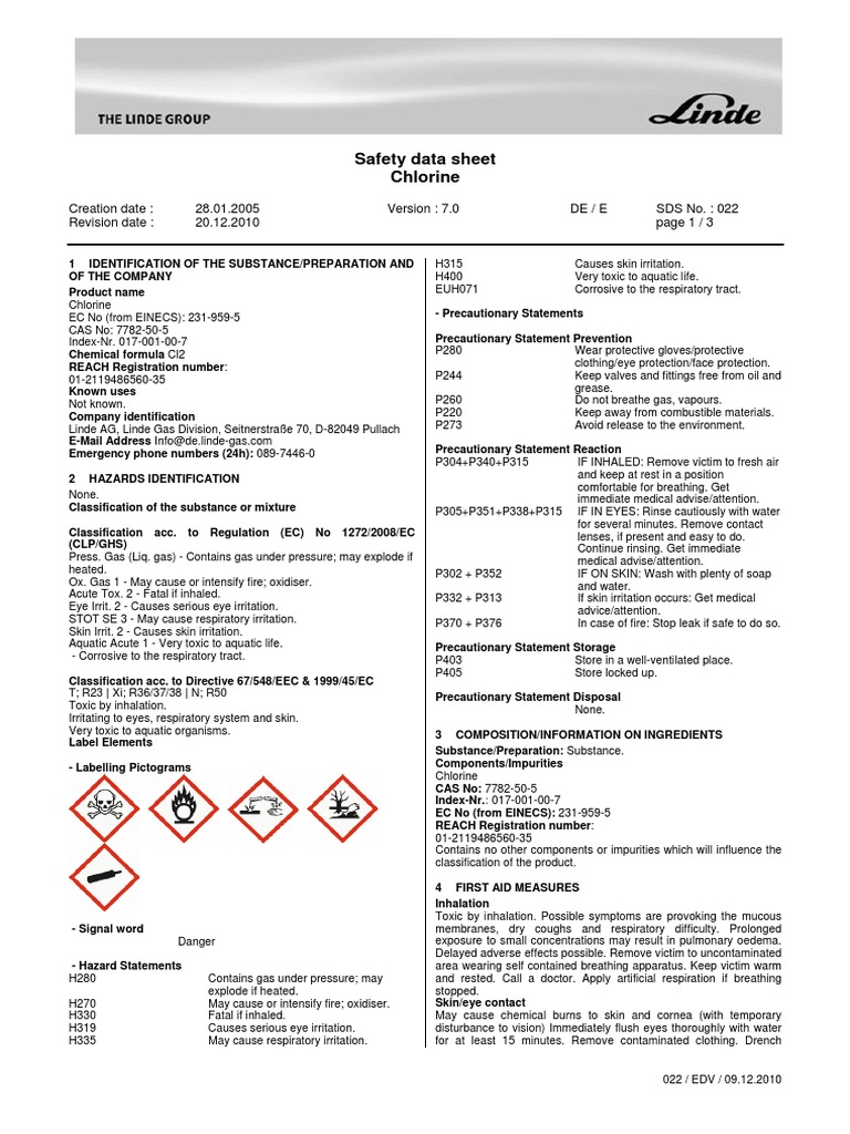Chlorine Safety Data Sheet (SDS) | PDF | Water | Personal Protective ...