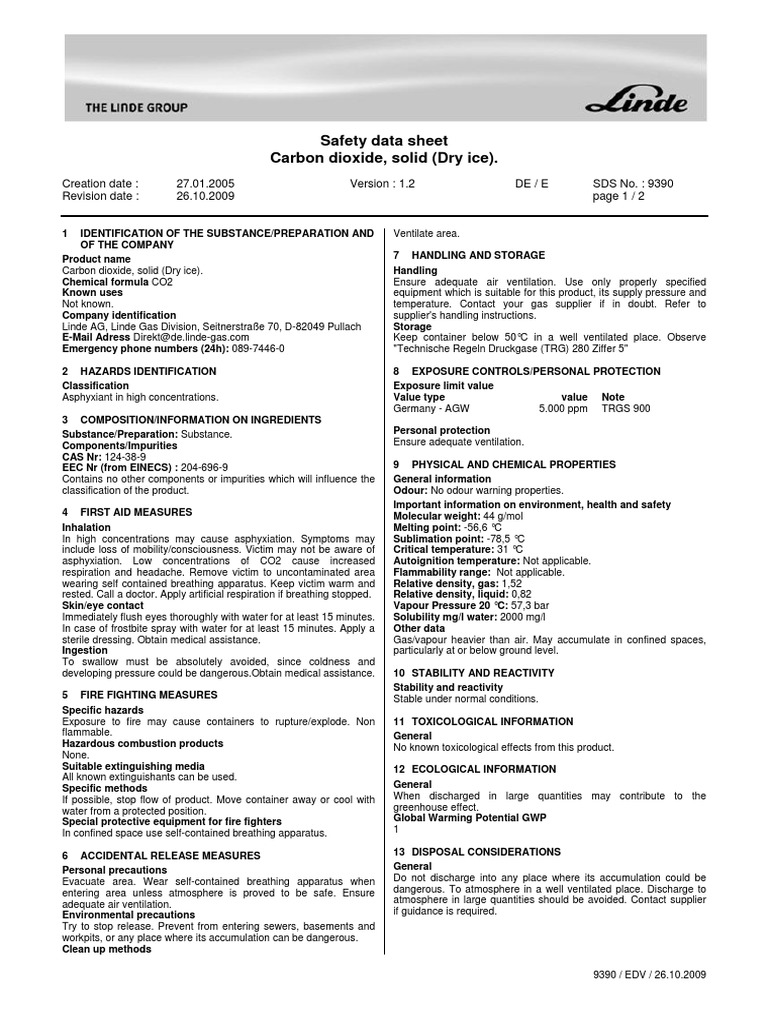 Safety Data Sheet Carbon Dioxide, Solid (Dry Ice) | Download Free PDF ...