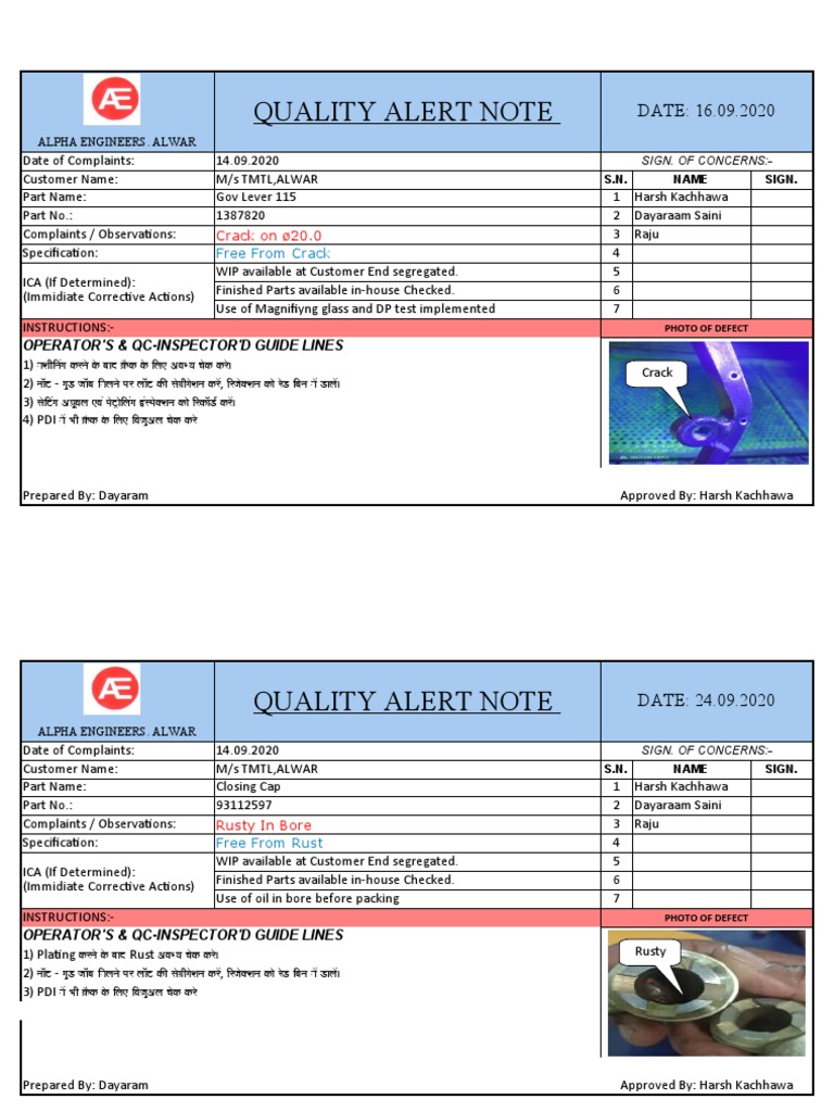 Quality Alert Note Draft | PDF