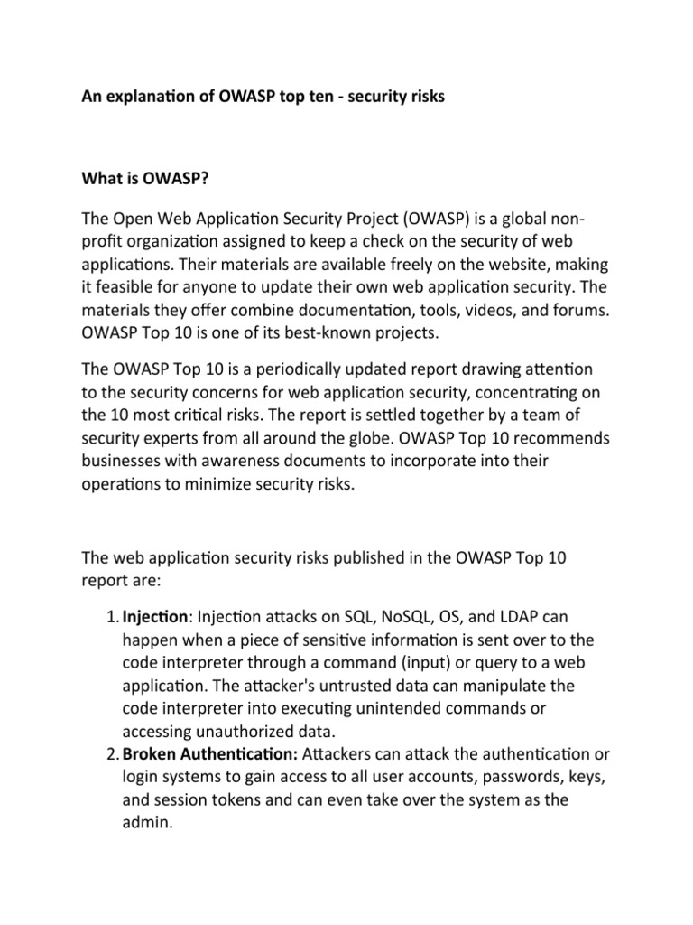 An Explanation Of Owasp Top Ten Security Risks Pdf Computing