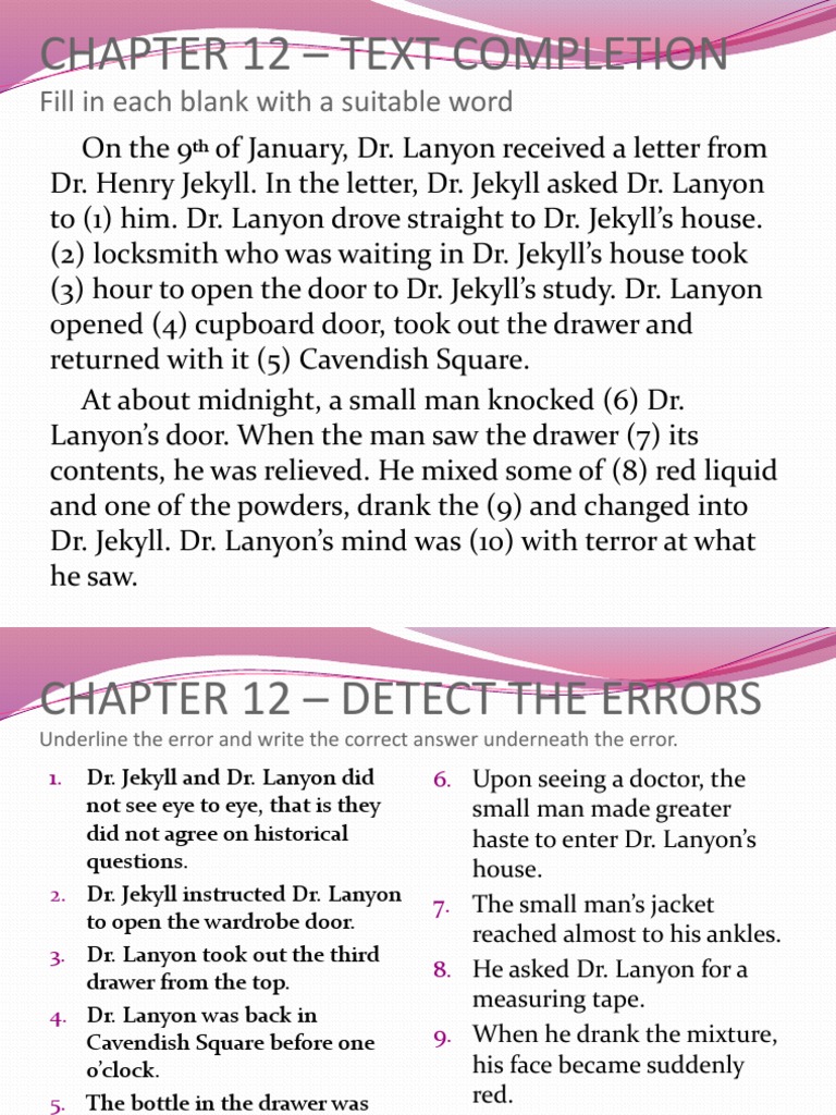 Form 3 Dr. Jekyll & Mr. Hyde Chapter 12 Worksheet | PDF