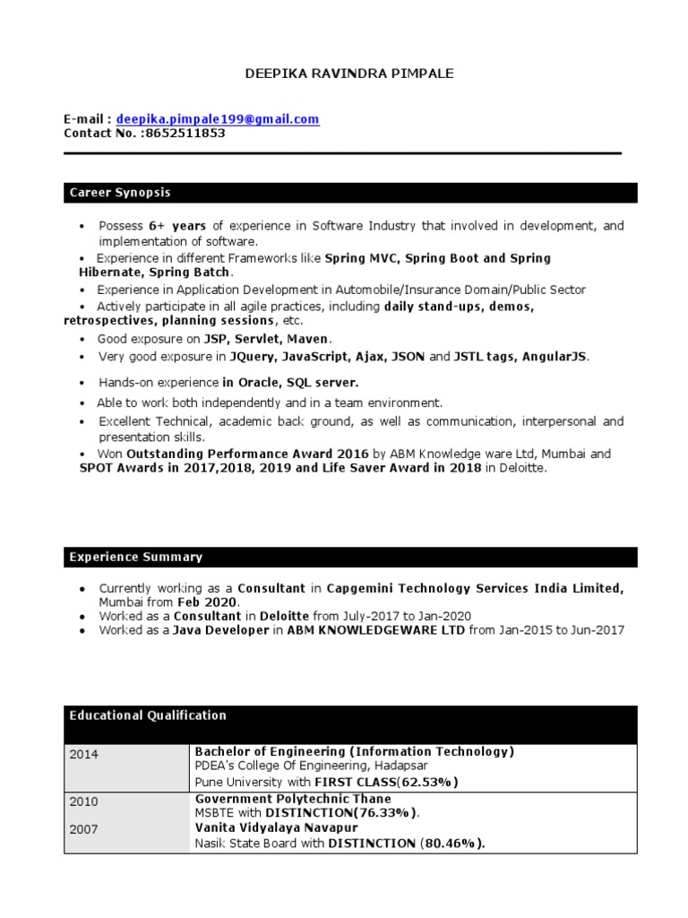 Deepika Ravindra Pimpale: Career Synopsis | PDF | Spring Framework | Software Engineering