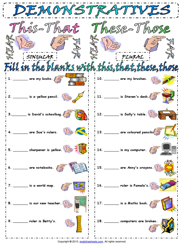 Demonstratives Demonstrative Pronouns This These That Those Worksheet 1 ...