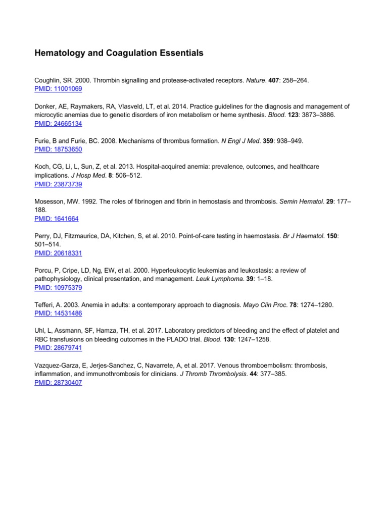 Hematology and Coagulation Essentials Reference List | PDF