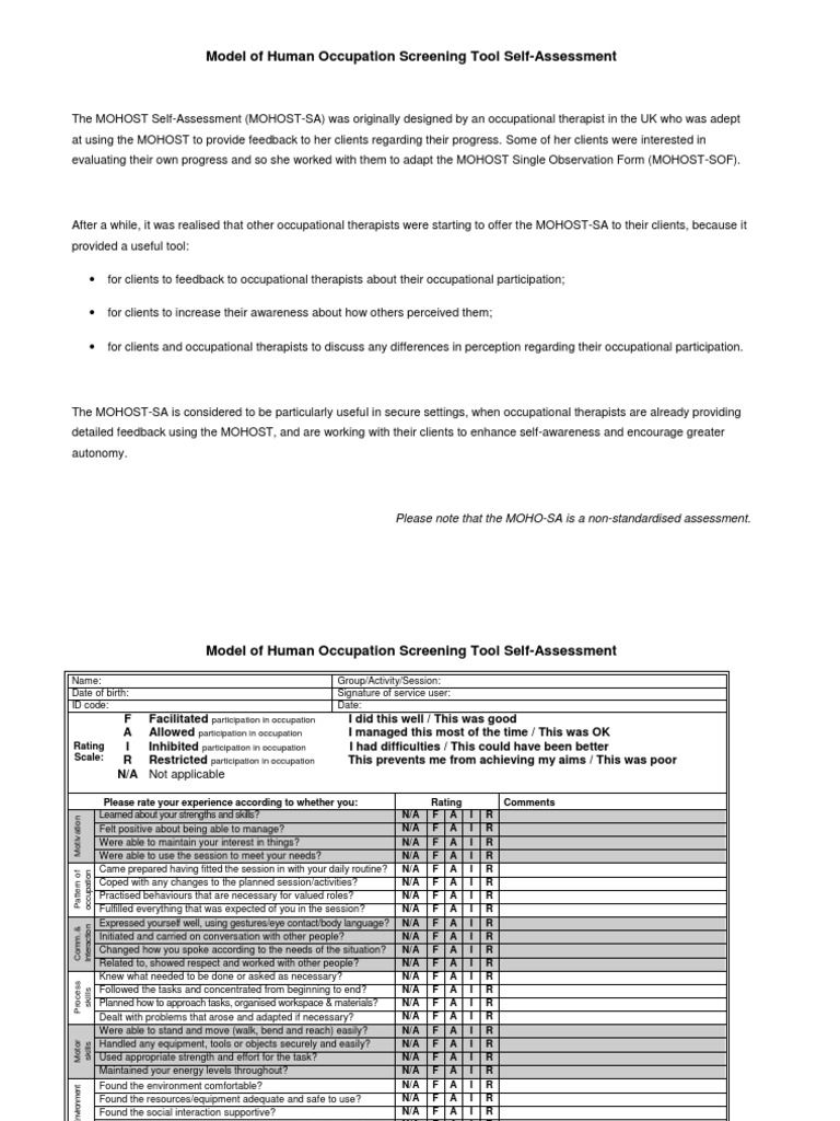 Model of Human Occupation Screening Tool Self-Assessment: Please Note ...