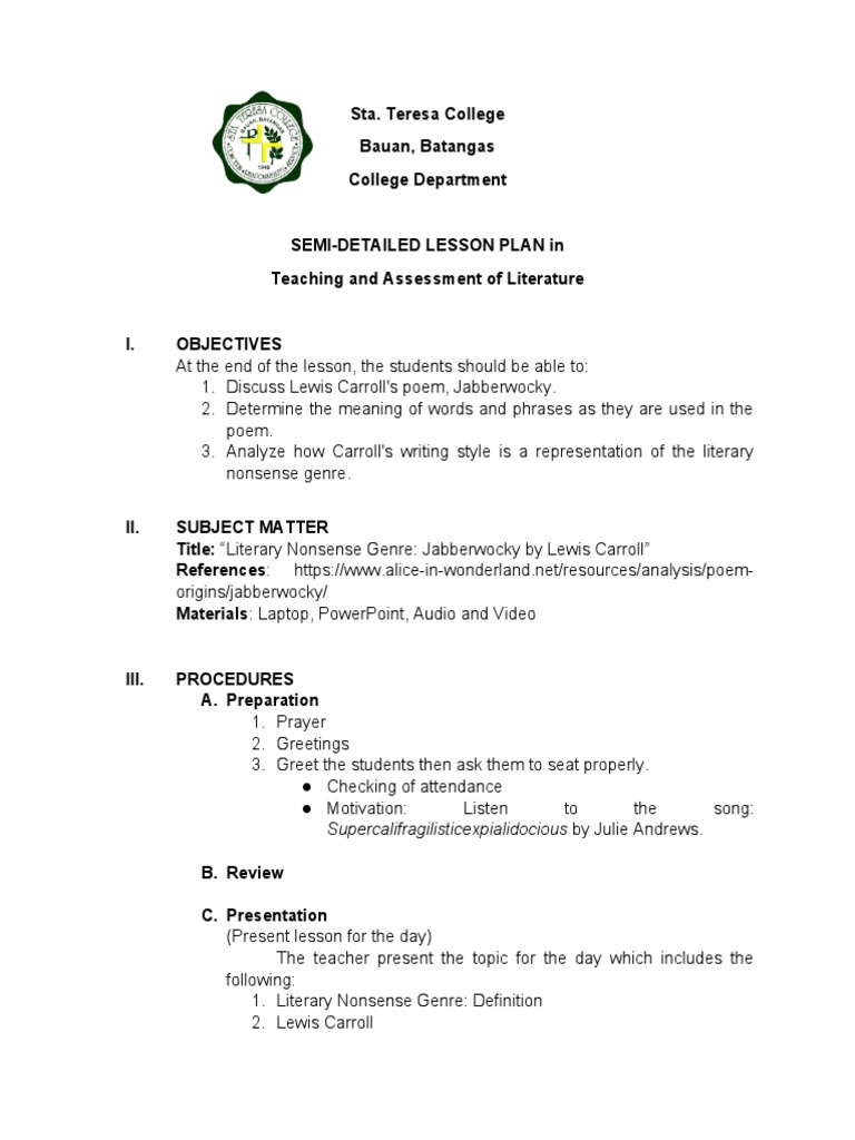 Semi Detailed Lesson Plan Jabberwocky by Lewis Carroll PACALDA | PDF ...