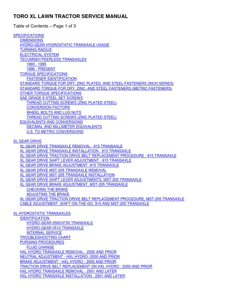 Toro XL Lawn Tractor Service Manual | PDF | Screw | Nut (Hardware)