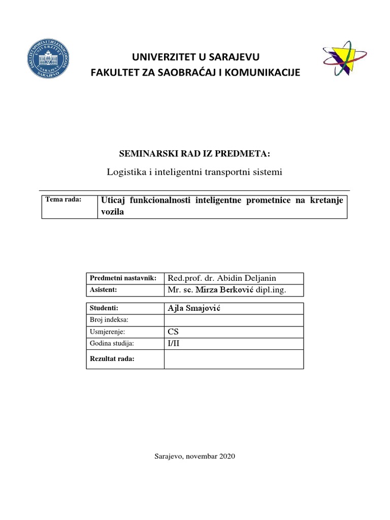 Uticaj Funkcionalnosti Inteligentne Prometnice Na Kretanje Vozila - Ajla Smajović | PDF
