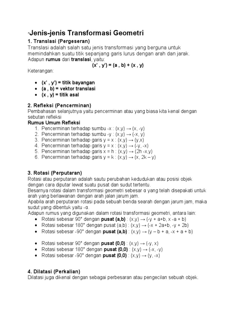 Jenis Transformasi Geometri Kelas 9 | PDF