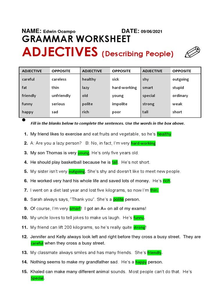 Adjectives: Grammar Worksheet | PDF | Adverb
