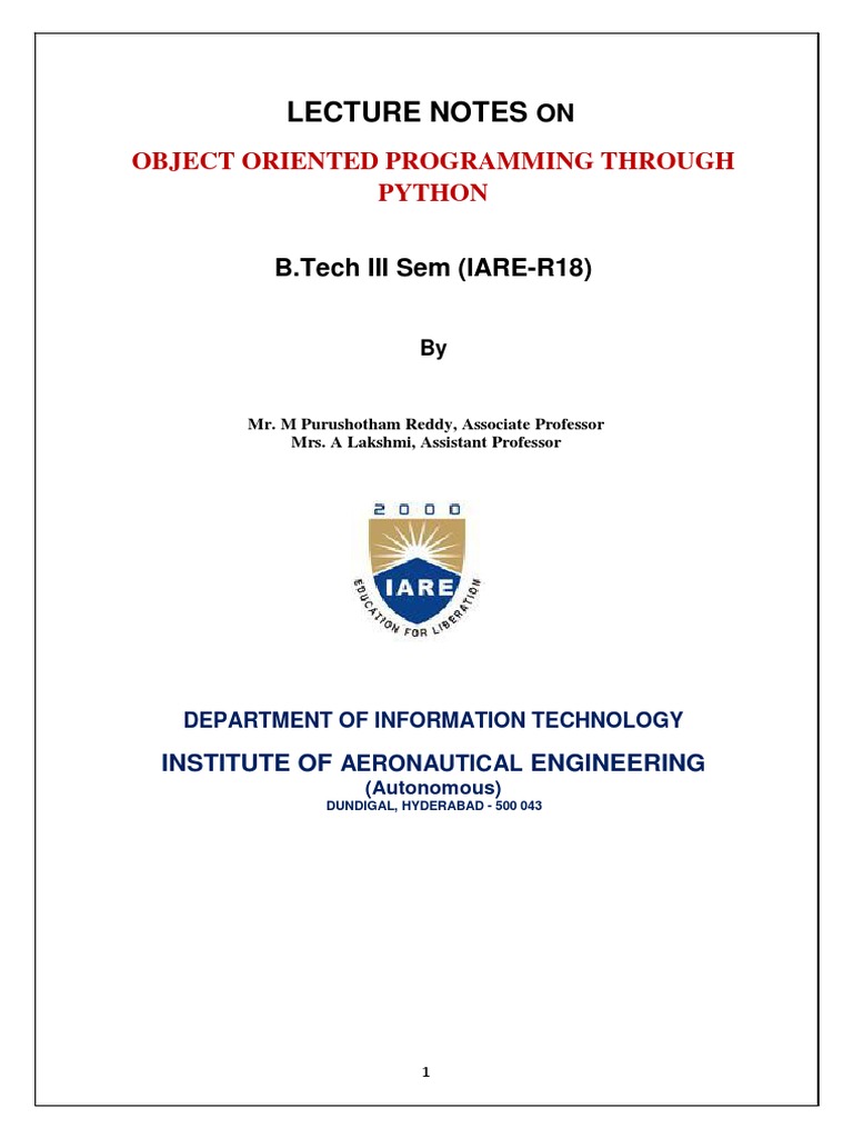 Iare Oops Lecture Notes Pdf Object Oriented Programming Class Computer Programming 
