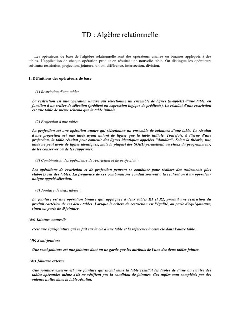 TD1 Algebre Relationnelle | Télécharger gratuitement PDF | Mathématiques | Logique mathématique