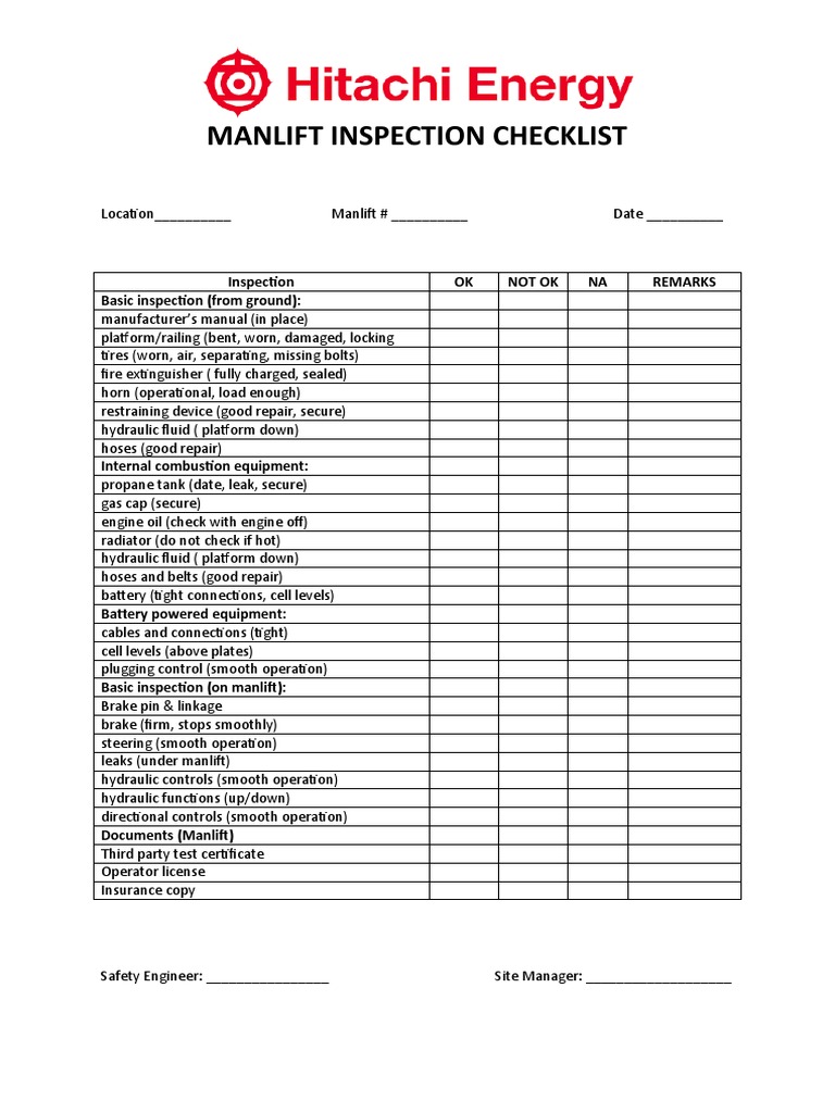 Manlift Inspection Checklist: Inspection OK Not Ok NA Remarks Basic ...