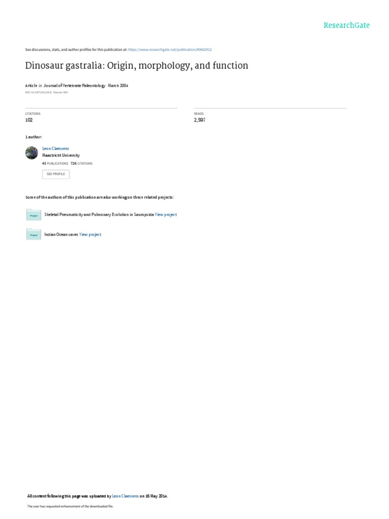 DINOSAUR GASTRALIA ORIGIN, MORPHOLOGY, AND FUNCTION Claessens ...