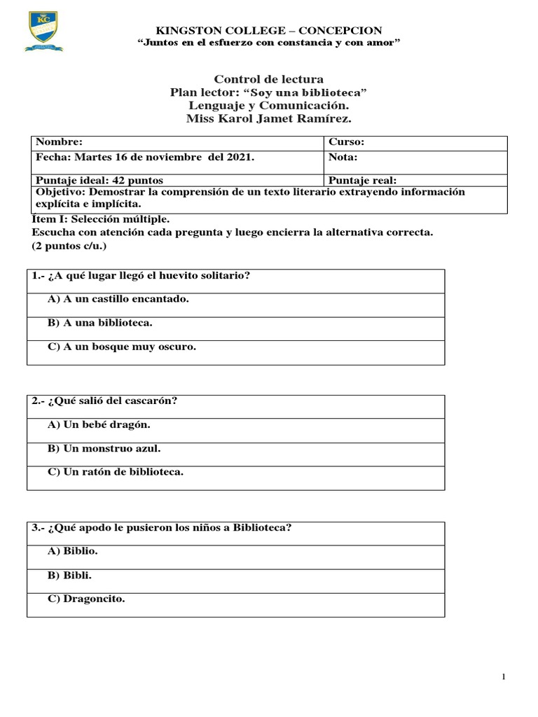 Control de Lectura Soy Una Biblioteca | PDF | Continuar