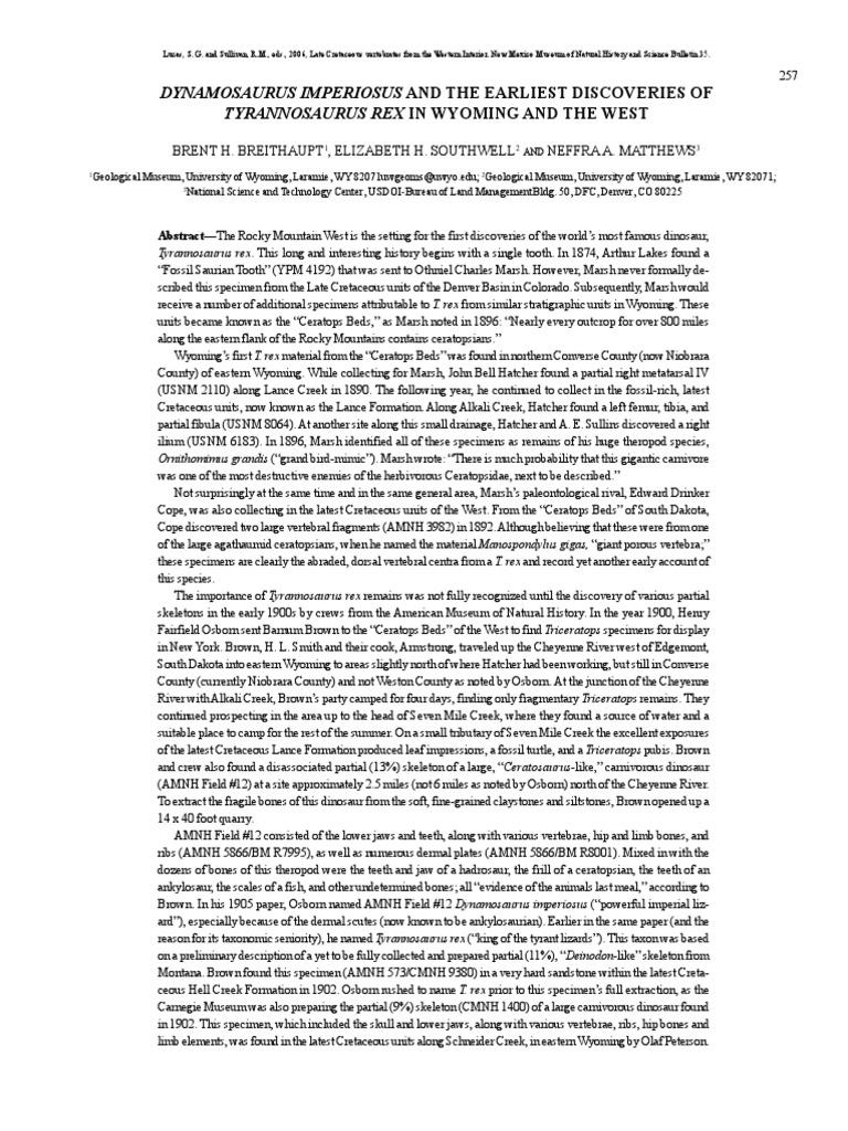 Dynamosaurus Imperiosus and The Earliest Discoveries of Tyrannosaurus ...