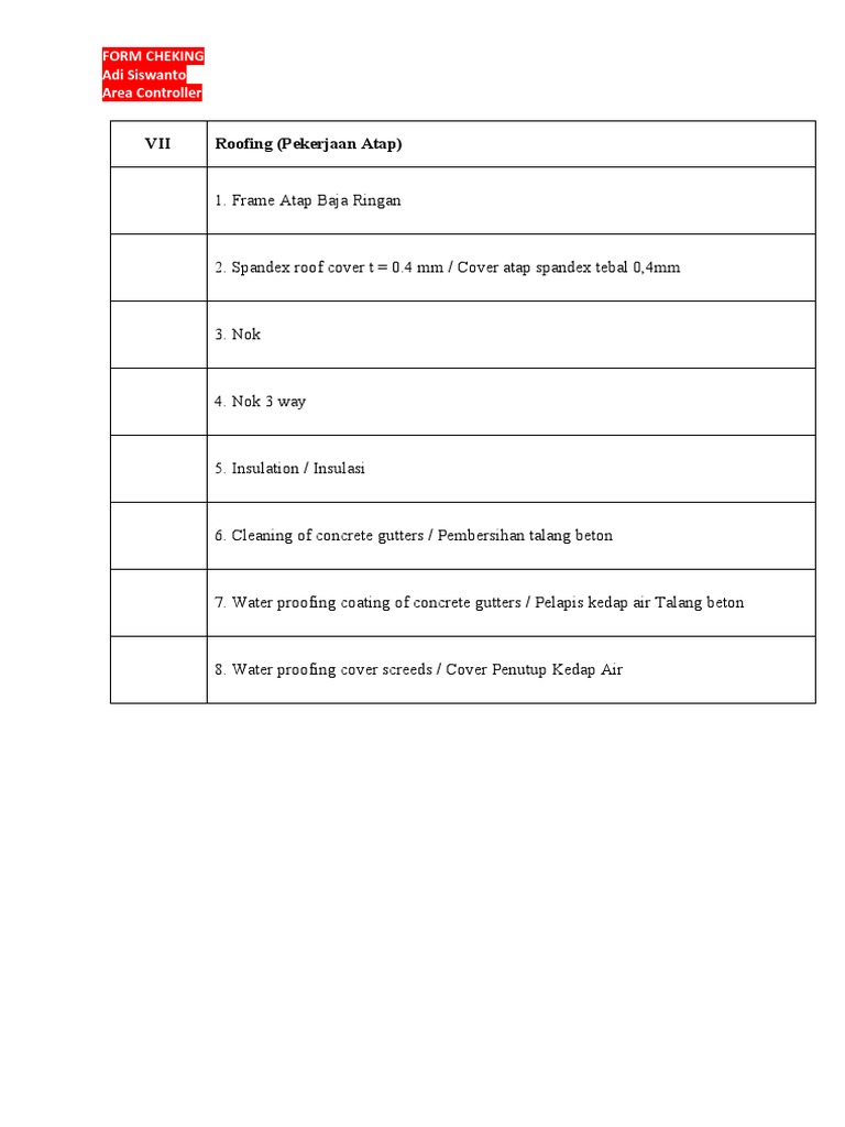 VII Roofing (Pekerjaan Atap) : Form Cheking Adi Siswanto Area ...