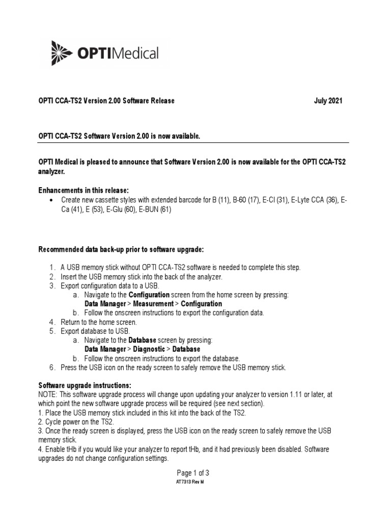 New Software Version 2.00 Release for the OPTI CCA-TS2 Analyzer ...