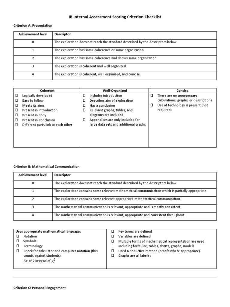 NEW IB Internal Assessment Scoring Criterion Checklist | PDF ...