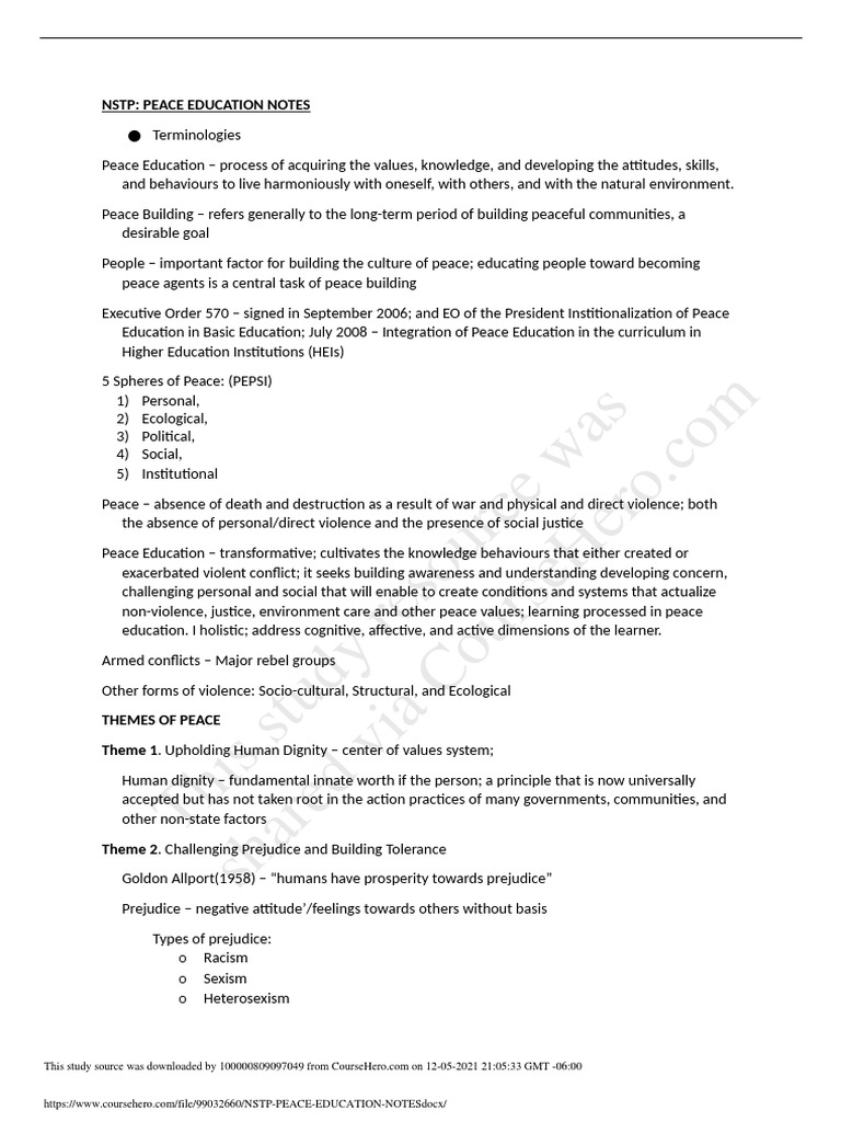 NSTP Peace Education Notes | PDF | Prejudices | Peace