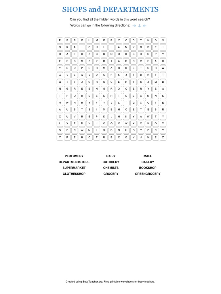 Shops and Departments Word Search | PDF | Word Puzzles | Puzzles