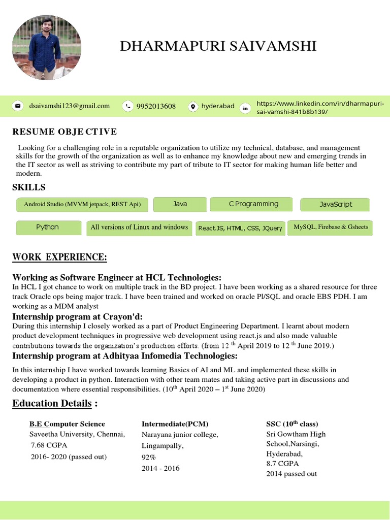Dharmapuri Saivamshi's Resume for Software Engineer Roles | PDF | Android (Operating System ...