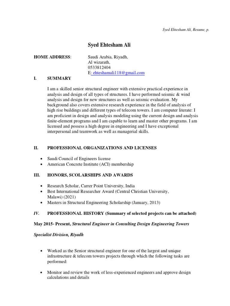 Syed Ehtesham Ali, Resume, P. 1 | PDF | Engineer | Engineering