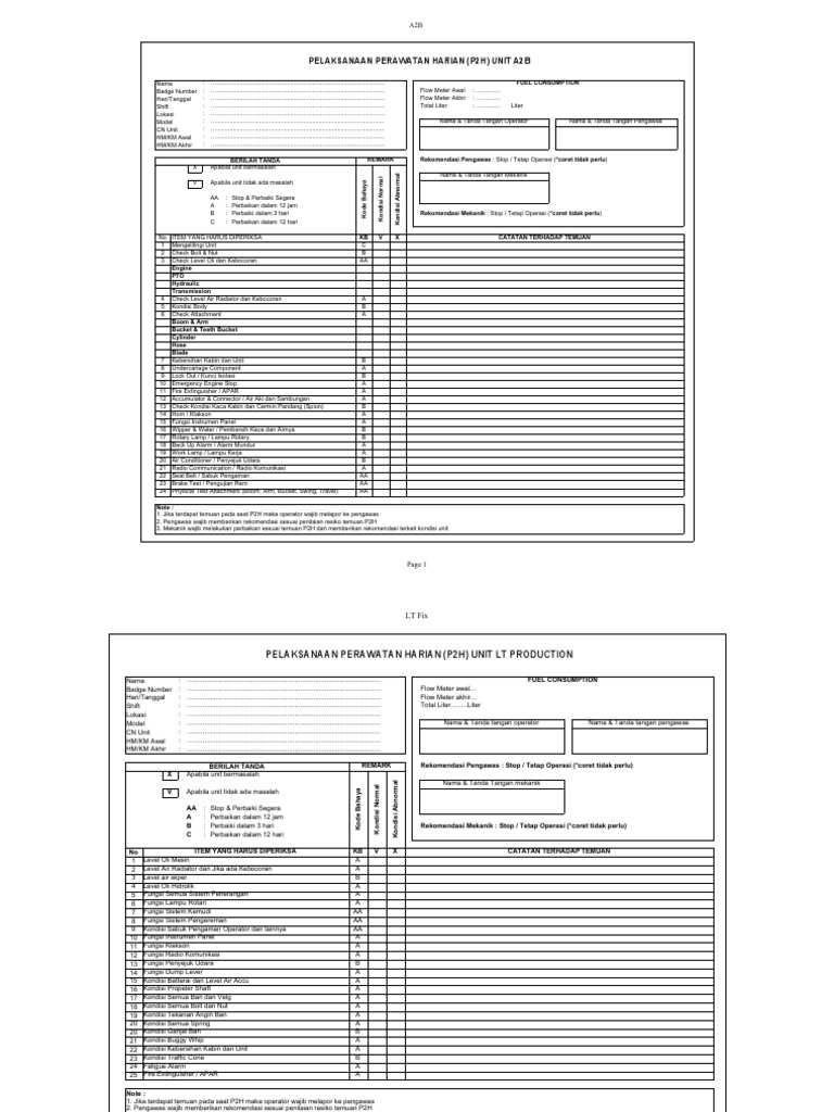 Form P2H Unit LT Dan A2B Sosialisasi | PDF