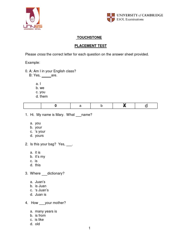 Touchstone Placement Test 1 | PDF