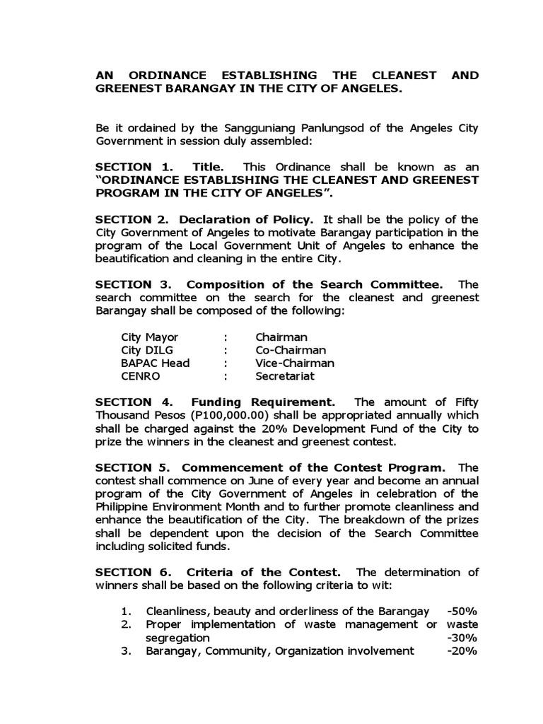 Ordinance Establishing The Cleanest and Greenest Barangay | PDF ...
