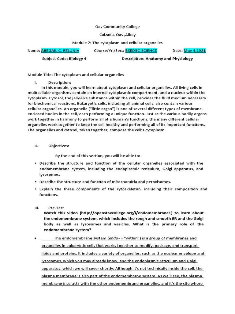 Module 7, Anatomy and Physiogy (ABEGAIL C. RELUNIA) | PDF | Cell ...