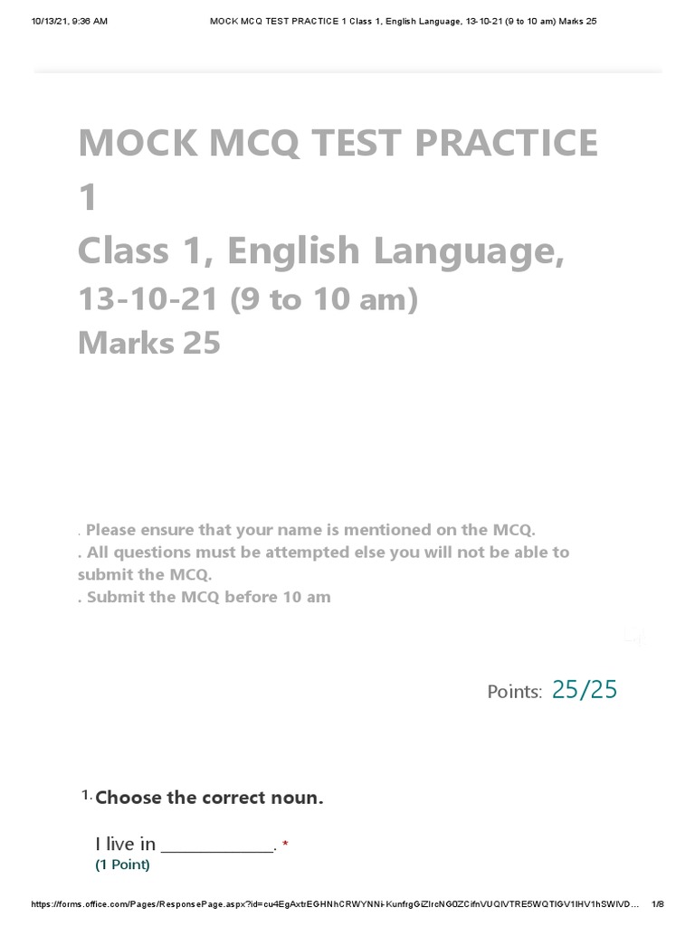 MOCK MCQ TEST PRACTICE 1 Class 1, English Language, 13-10-21 (9 To 10 ...